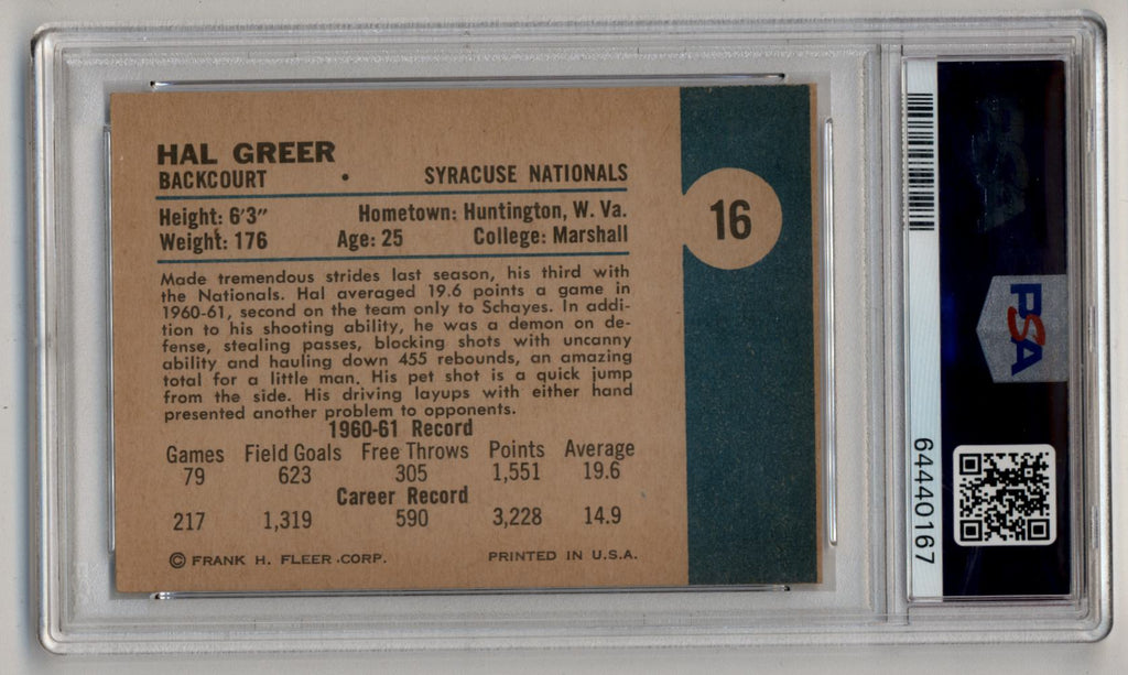 Hal Greer 1961-62 Fleer #16 PSA 7 Near Mint – Three Stars Sportscards