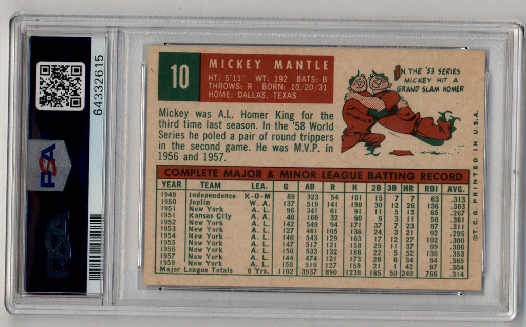 Mickey Mantle 1959 Topps #10 PSA 6 Excellent-Mint 2615 – Three Stars ...