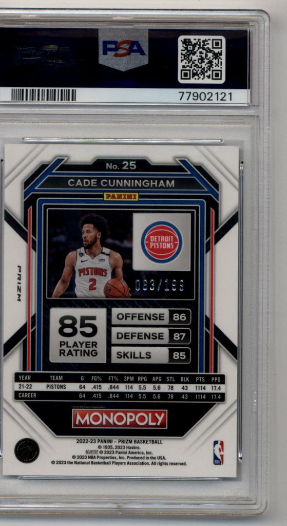 Cade Cunningham 2022-23 Prizm Monopoly Light Blue 063/199 PSA 10 Gem M ...