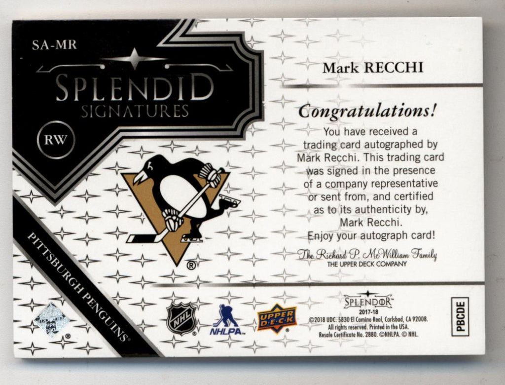 Mark Recchi 2017-18 Splendor Signatures 2/5 – Three Stars Sportscards