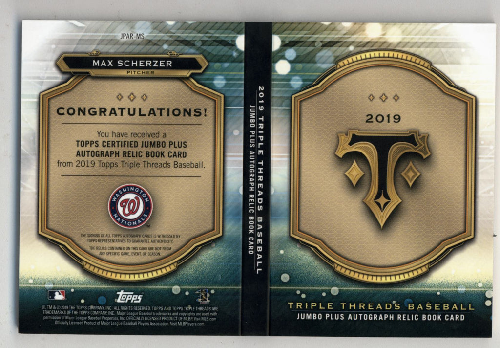 Max Scherzer 2019 Triple Threads Booklet Jumbo Relic Auto 3/3 – Three ...
