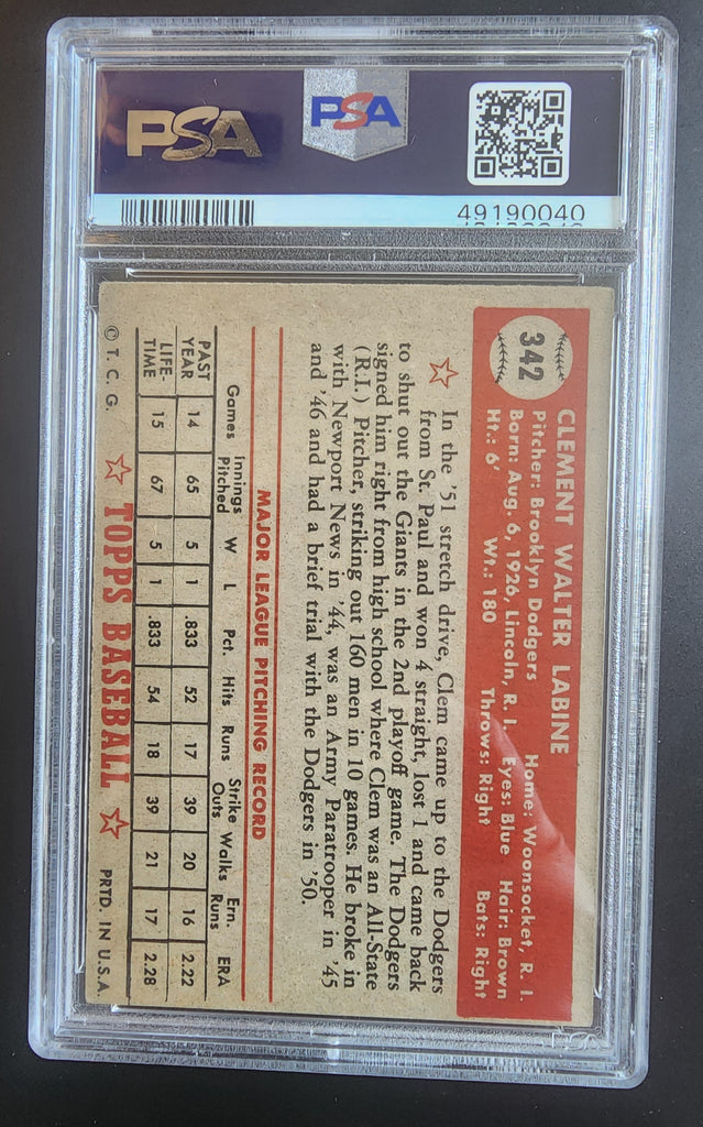 Clem Labine 1952 Topps #342 PSA 5 – Three Stars Sportscards