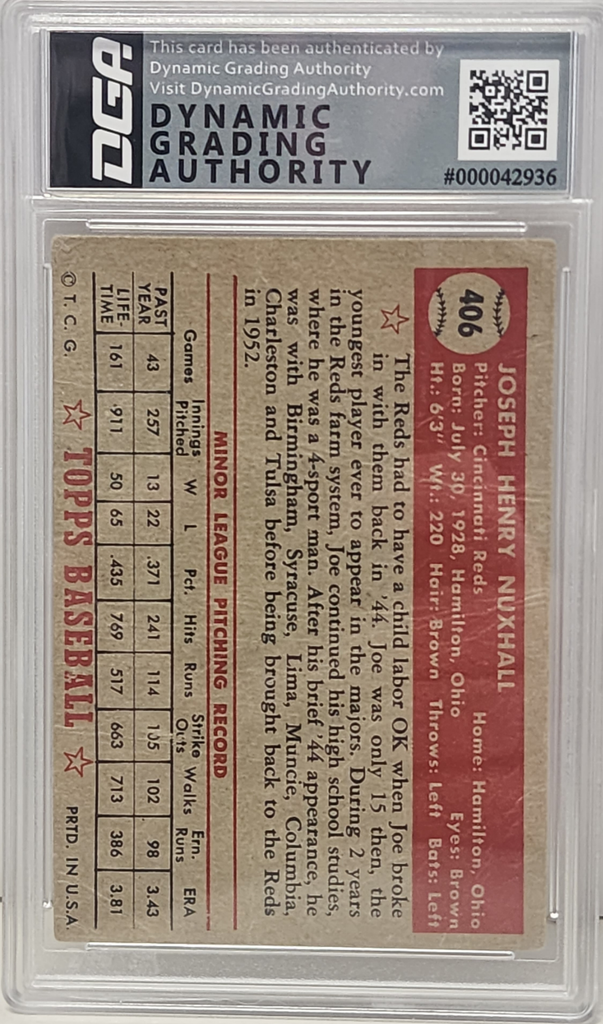 Joe Nuxhall 1952 Topps #406 DGA 1.5 Fair – Three Stars Sportscards