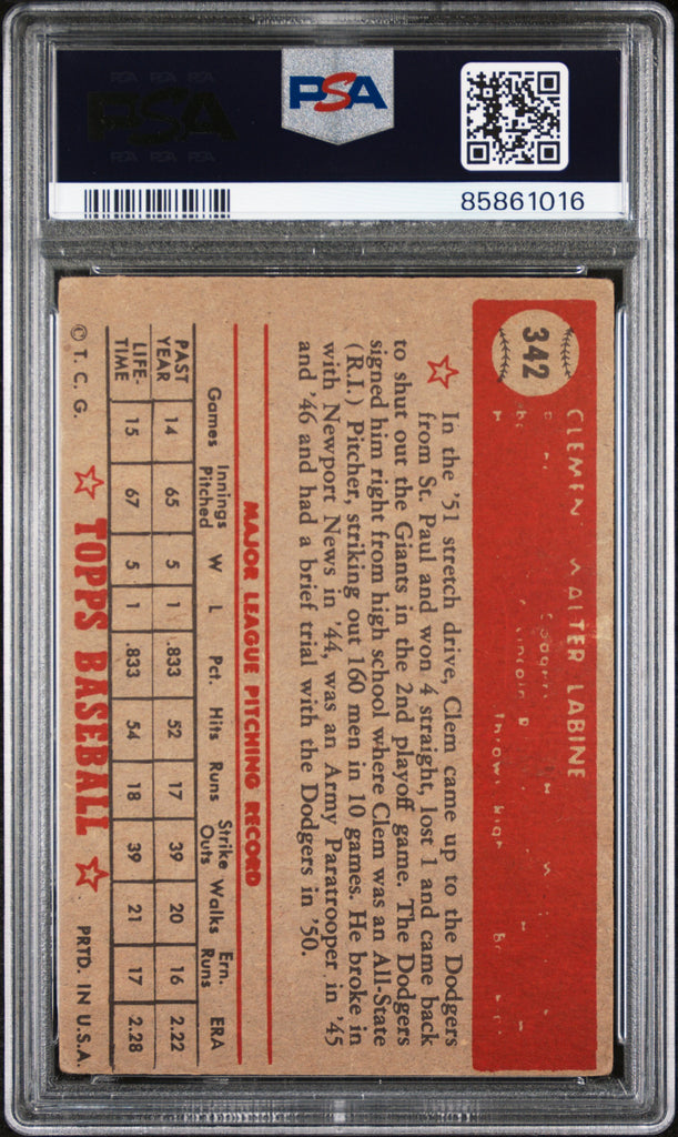 Clem Labine 1952 Topps #342 PSA 1.5 – Three Stars Sportscards